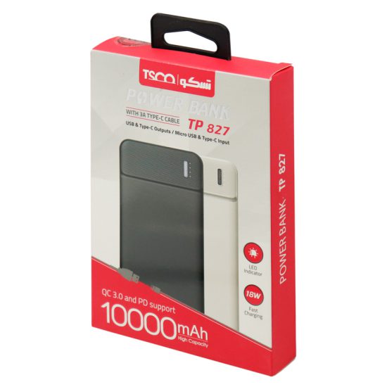 پاور بانک تسکو ظرفیت ۱۰۰۰۰ میلی آمپر مدل TSCO TP 827 QC3 PD 18W - فروشگاه اینترنتی هپسی