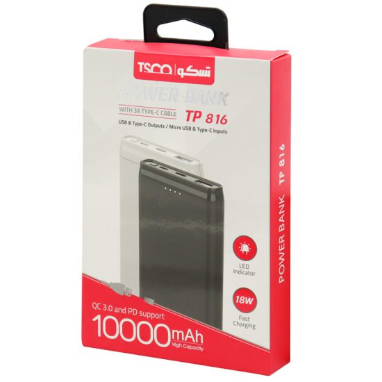 پاور بانک فست شارژ ۱۰۰۰۰ تسکو TSCO TP 816 QC3 PD 18W - فروشگاه اینترنتی هپسی